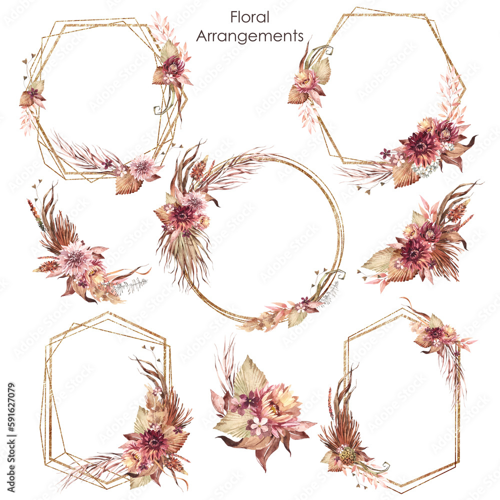 Set of watercolor floral Bohemian arrangements. Wedding geometric ...