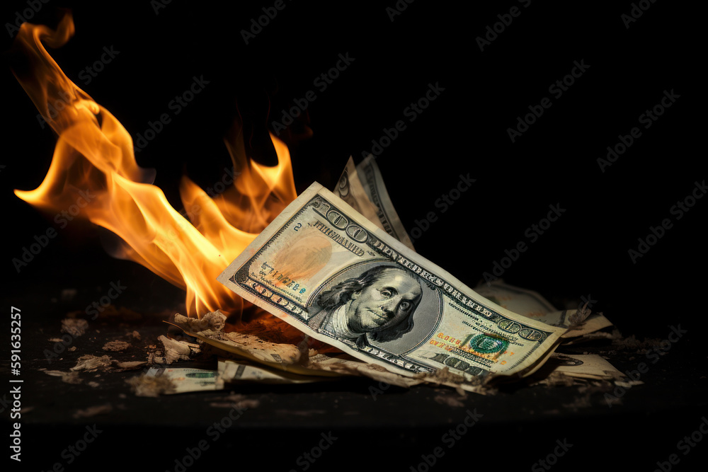 Burning money with flame font, a powerful symbol of the dangers and ...