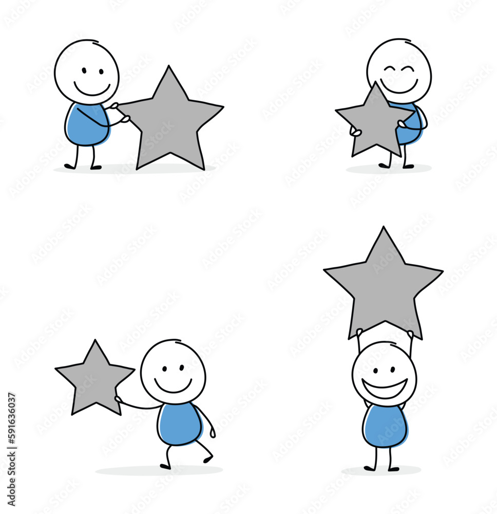Collection of a happy stickman holding star sign. Cartoon style icons ...