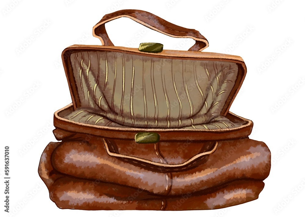 Color illustration of a brown leather bag. From the collection JOURNEY ...