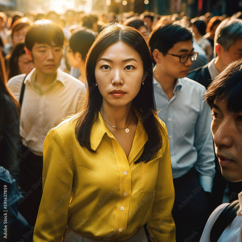 huge crowd and a close up view of a young beautiful asian woman who ...