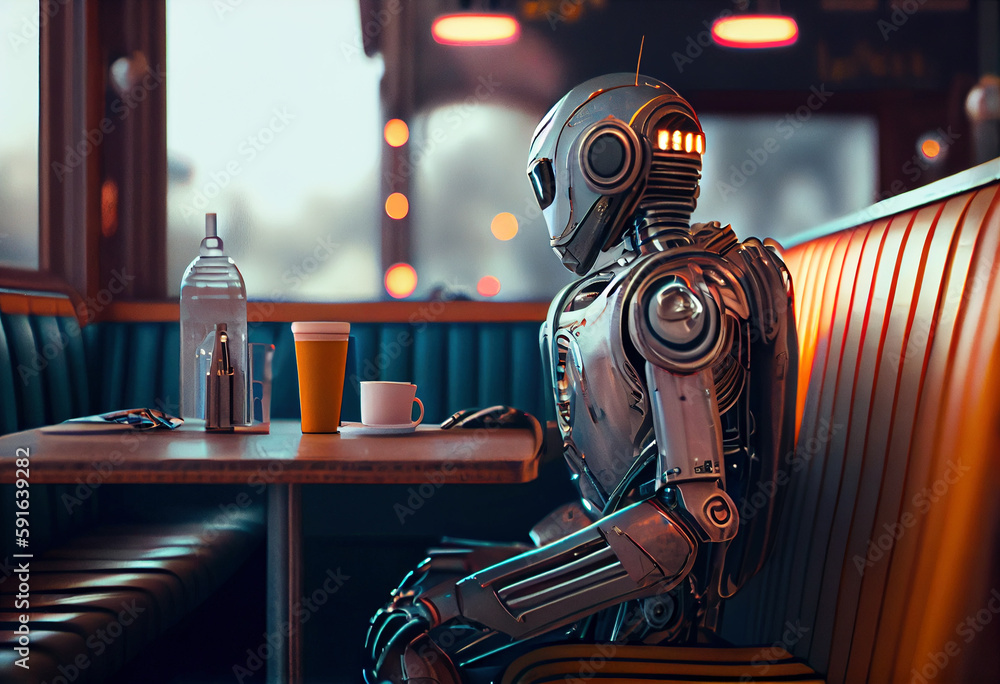 Cute robot having a cafe in the restaurant background. Technology and ...