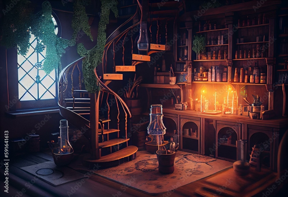 Witch or wizard alchemical laboratory with magic glow. Ai. Alchemist ...