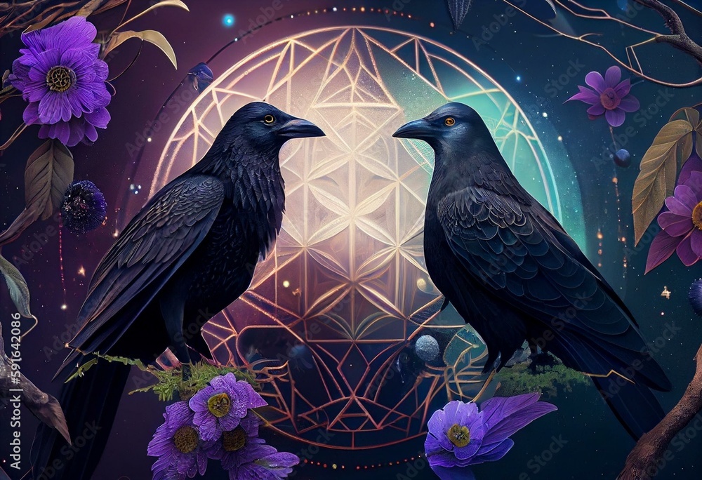 pair of ravens with tree of life and sacred geometry flower of life ...
