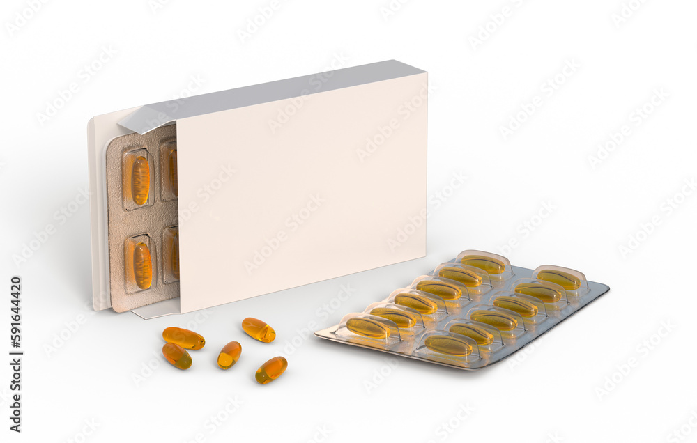 Editable mockup of fish oil omega 3 golden capsules in two blister pack ...