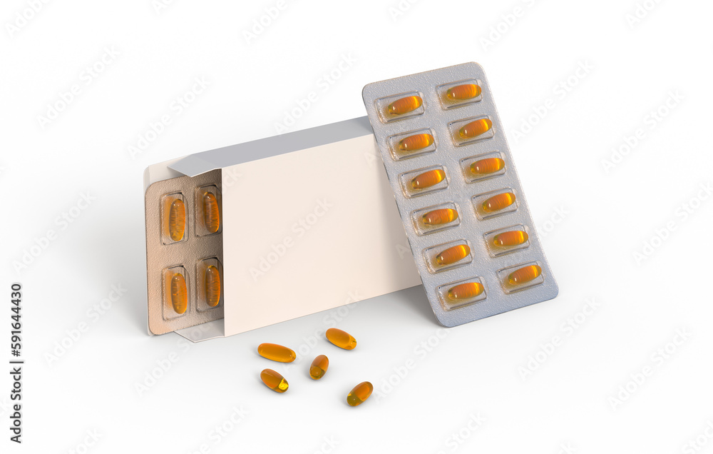 Editable mockup of fish oil omega 3 golden capsules in two blister pack ...