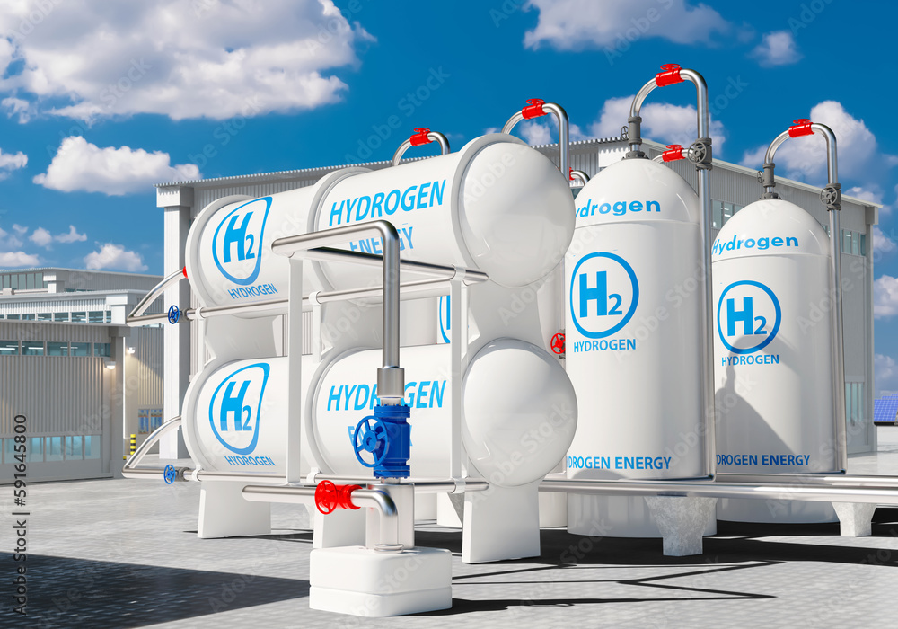 Hydrogen energy. Storage tanks for h2 gas. Industrial zone. Innovative power plant. Tank storage ...