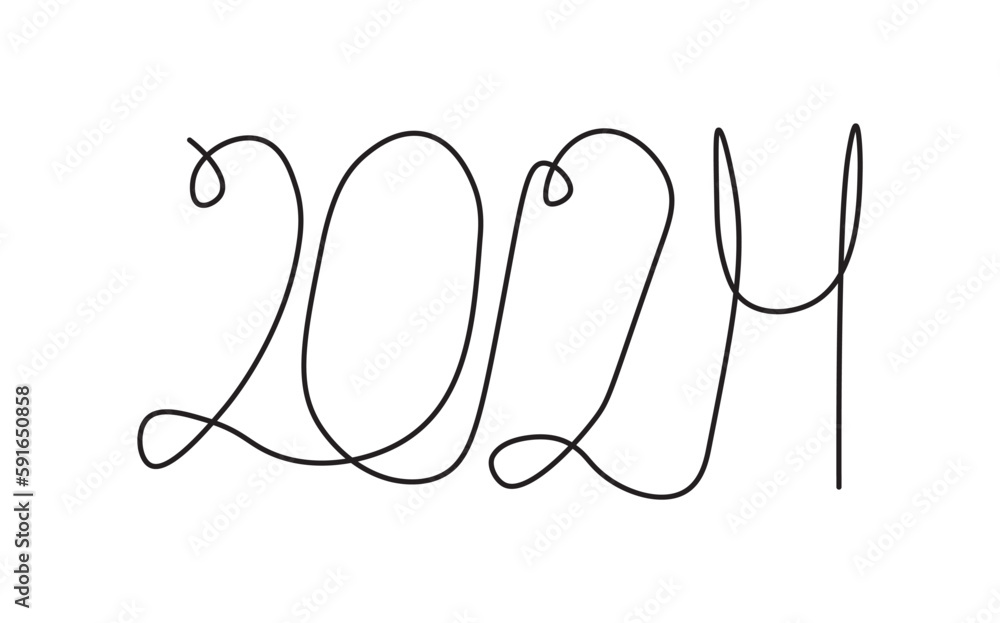2024 continuous one line. Thin line art freehand font, single outline ...