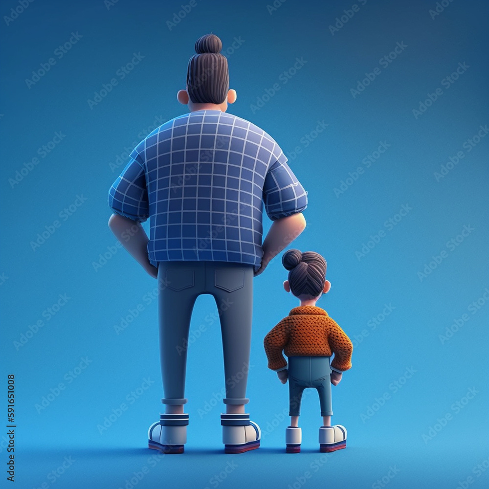 Back view of father and daughter standing back to back, 3d illustration ...