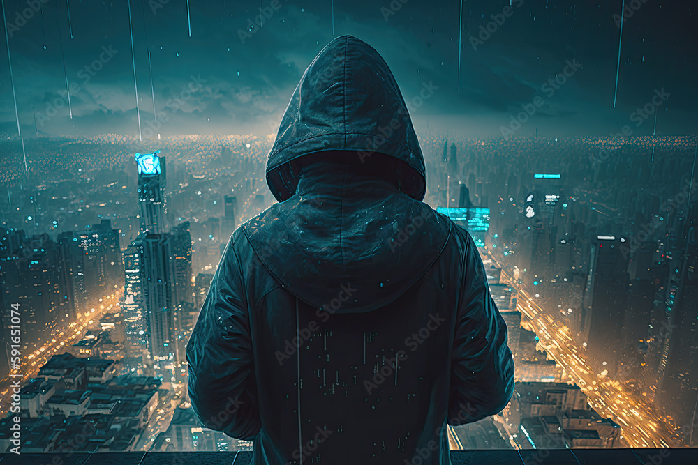 Hacker girl in hood stands on the roof of a skyscraper against the ...