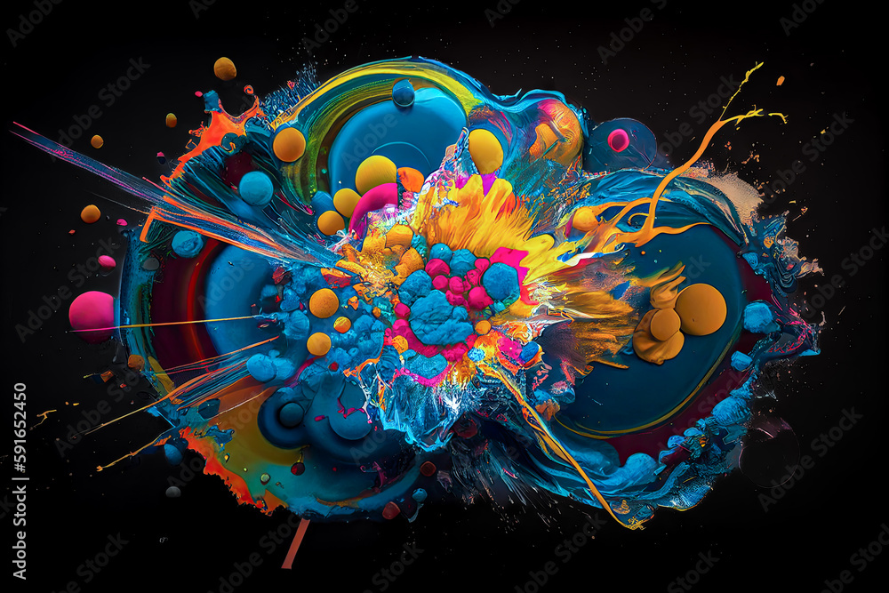 Dynamic color burst from individual colorful color drops mixed in an ...