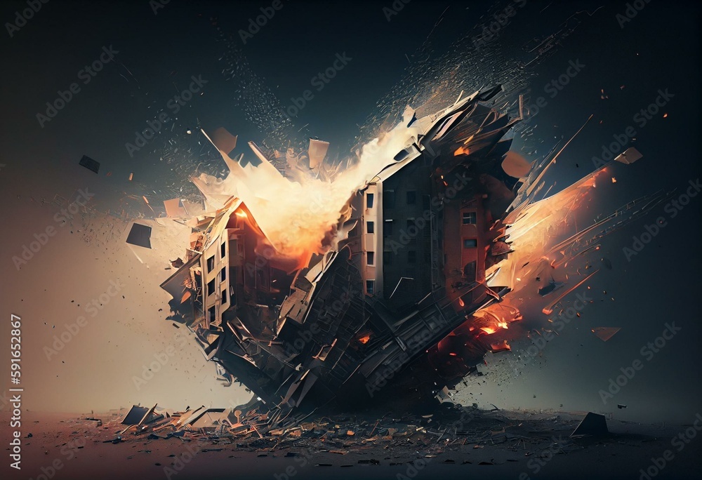 City Demolished By War Exploding Buildings On Fire Blown Away By Enemy ...