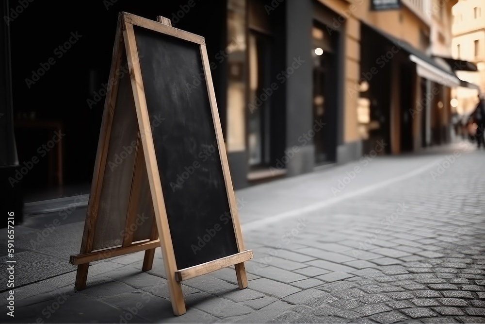 Mockup blank chalkboard menu on the street, outside of store ...
