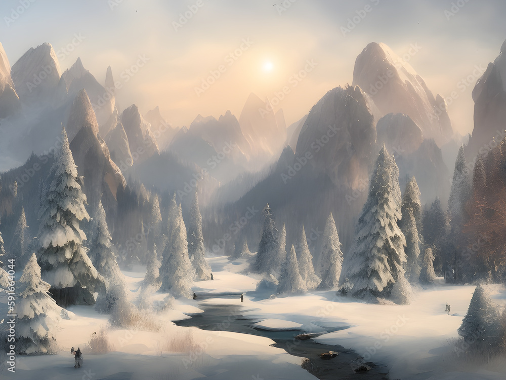 Nature at winter landscape digital painting 01. Illustrations and Clip ...