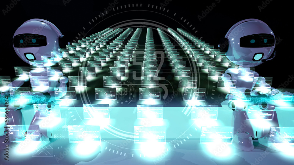 3d render illustration of robot hand typing on virtual keytboard with ...