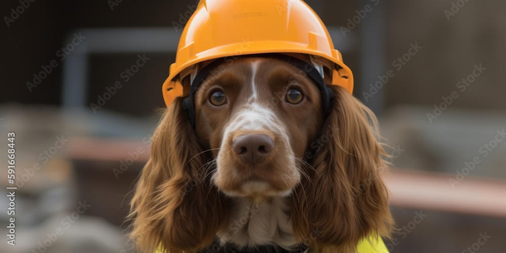 hilarious dog wearing hard hat and safety vest pretending to be ...
