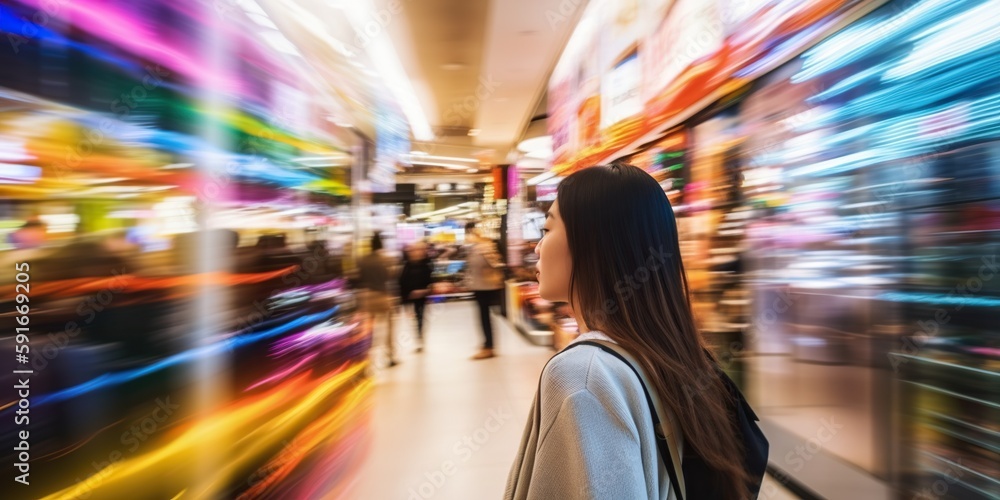 person shopping at busy and bustling department store with bright ...