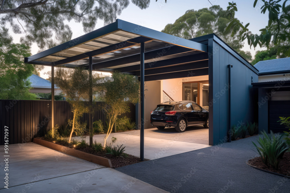 Modern steel carport in a family home. Modern house in the back ...
