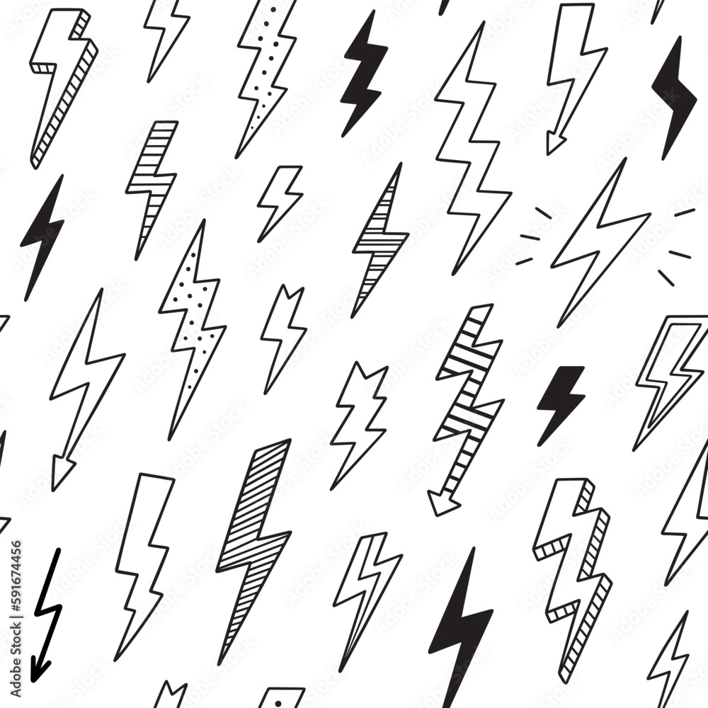 Seamless pattern of lightning doodle. Thunder in sketch style. Hand ...