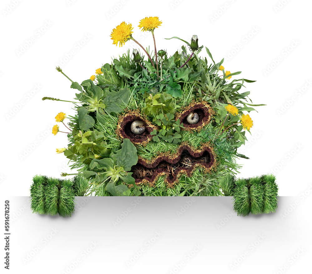 Lawn Weed monster and as dandelion with clover crab grass pest weeds ...