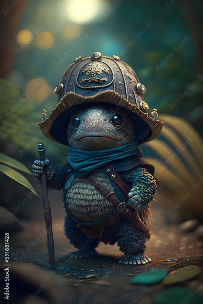Tiny and cute rococo tardigrade pirate character in the jungle of ...
