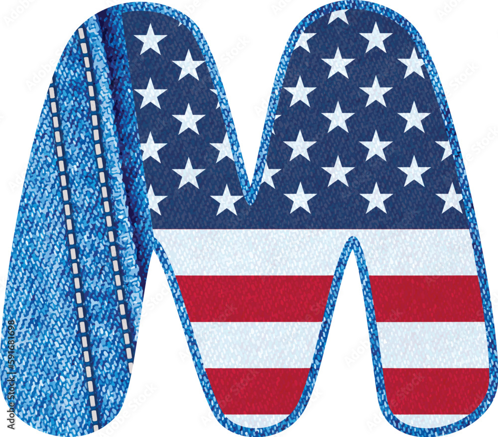 Letter M with the texture of blue denim fabric and US flag - The ...