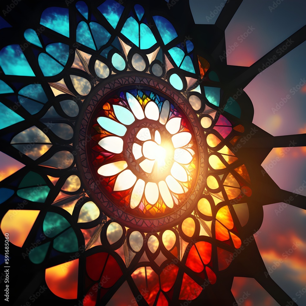 stained glass sun shining in the sky finely detailed luminescent ...