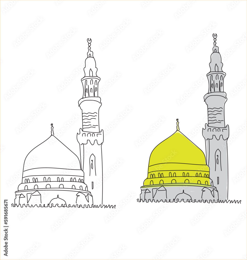 Al Masjid An Nabawi Mecca Saudi Arabia Hand drawn sketch. Vector ...