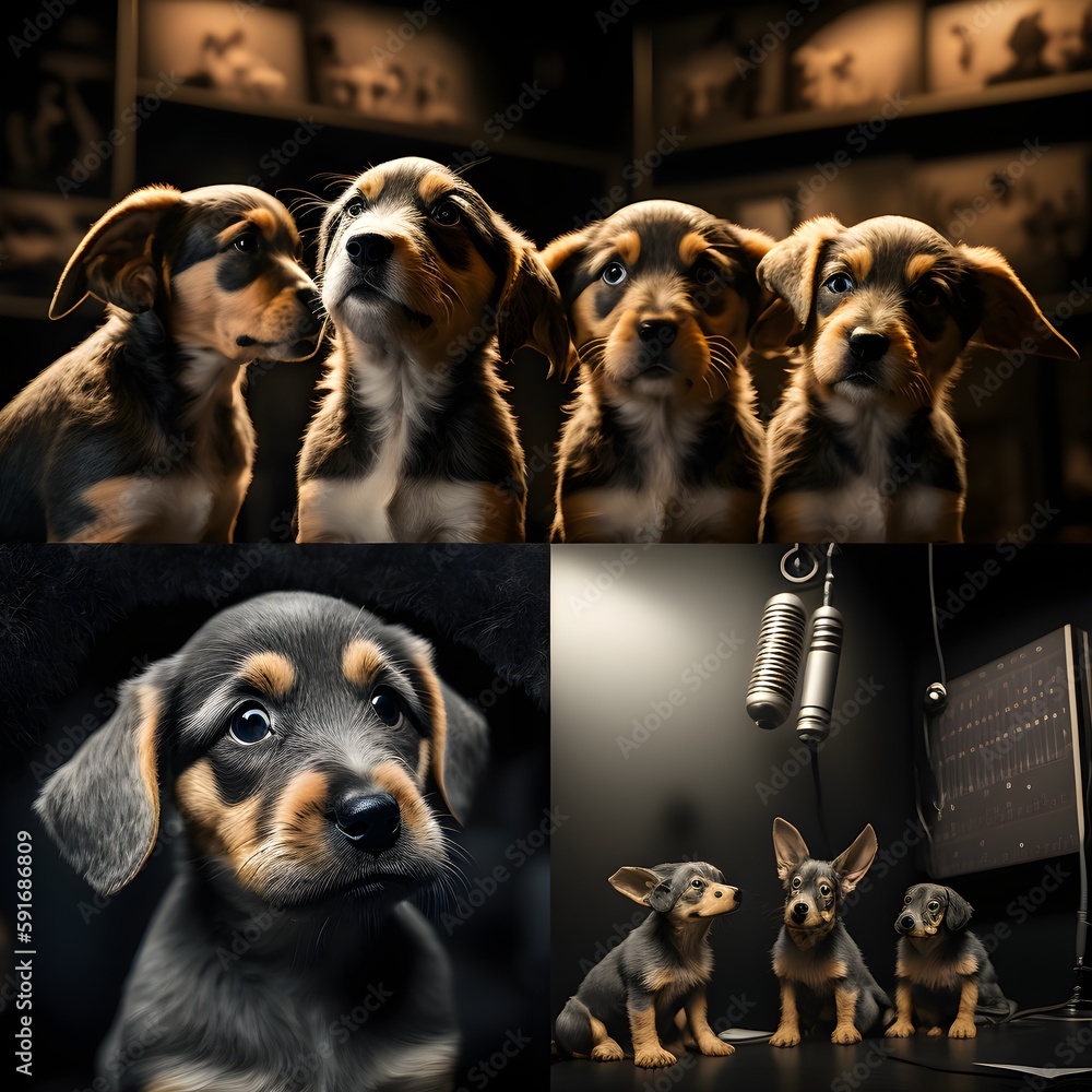 an all puppy dog a capella group in the recording studio behind the ...