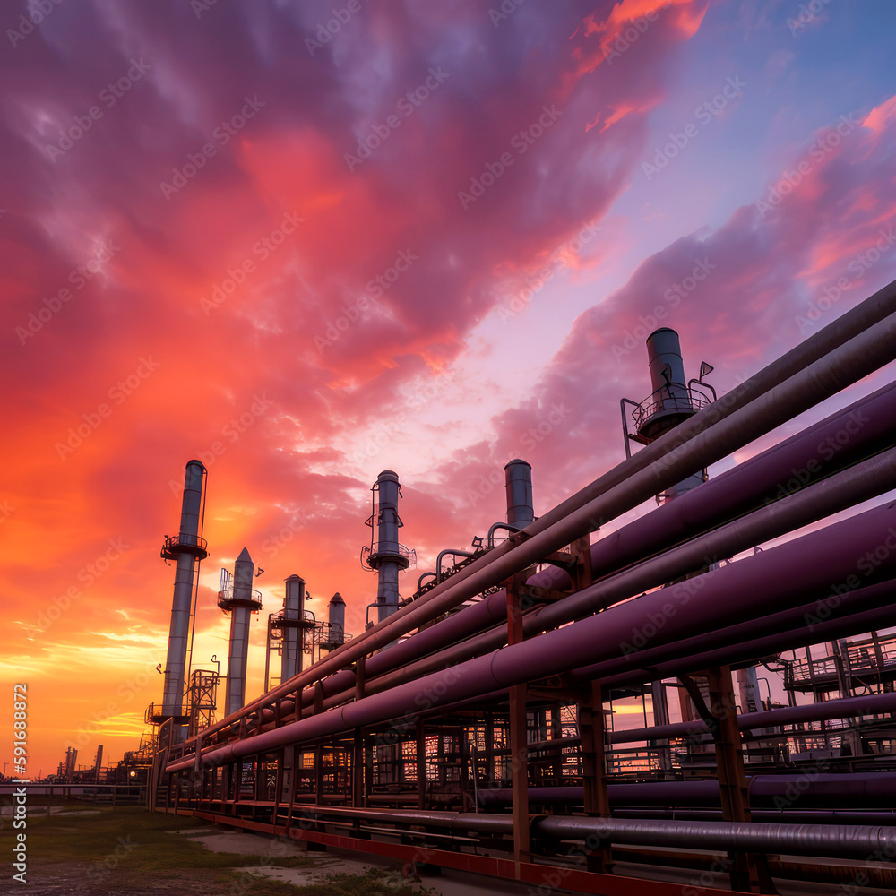 A photograph of a pipeline and pipe rack of a petrol, ai Stock ...