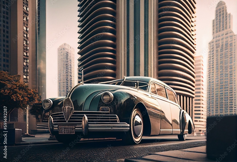 vintage car in modern city against backdrop of skyscrapers and high ...