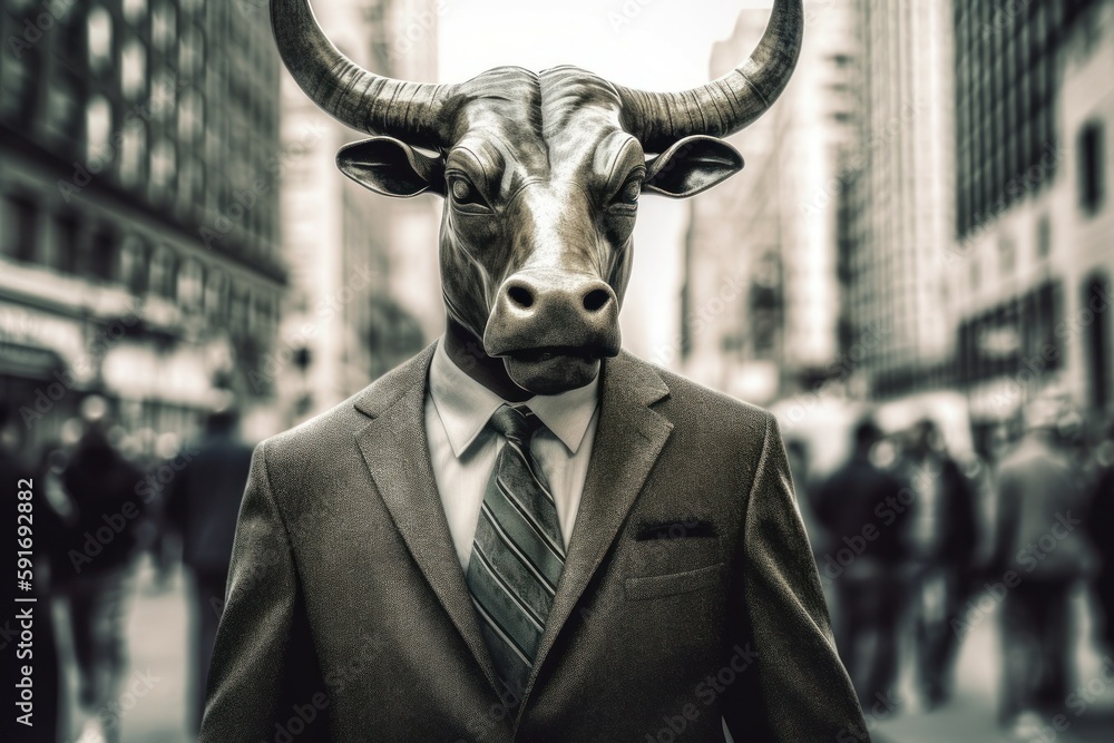 An anthropomorphic bull dressed in a business suit like a boss. AI ...