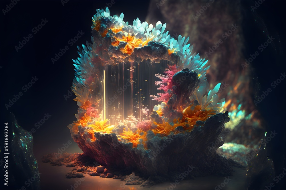 vast crystal cave layers glowing reflective crystals water reflection ...