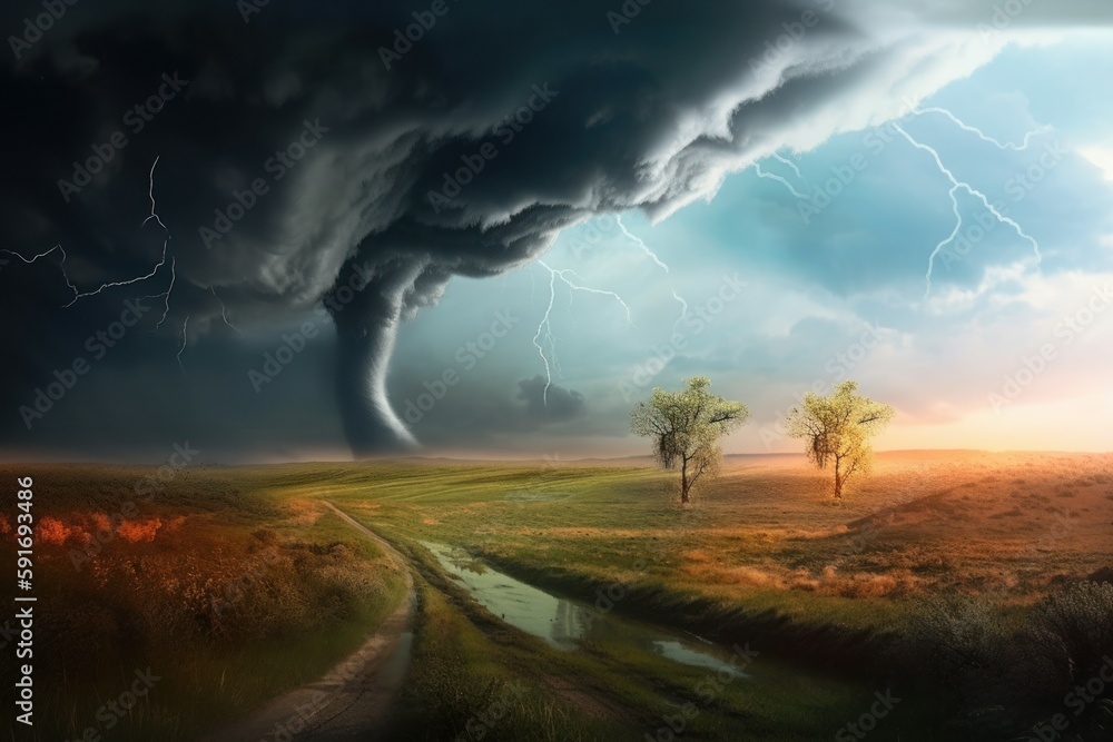Tornado In Stormy Landscape. Hurricane wind. Climate Change And Natural ...