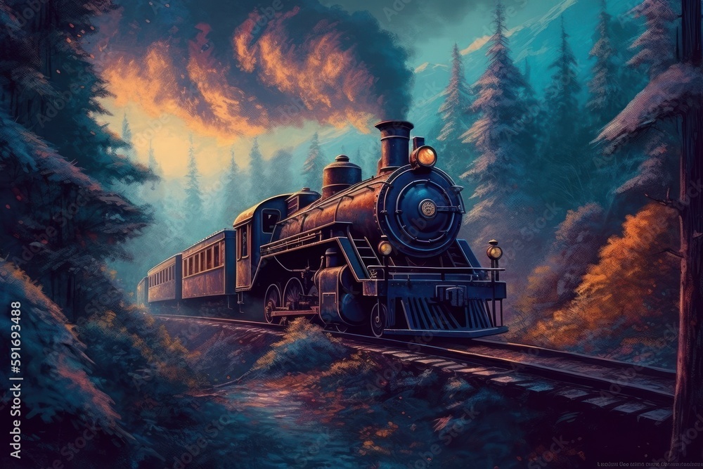 Train rides in a forest area, retro style. Vintage steam locomotive. AI ...