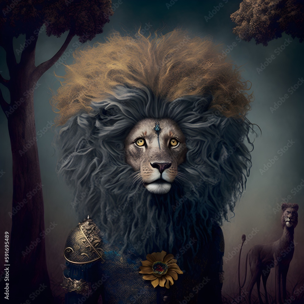 surreal wizard of oz humanlion cowardly whimsical wearing a metal of ...