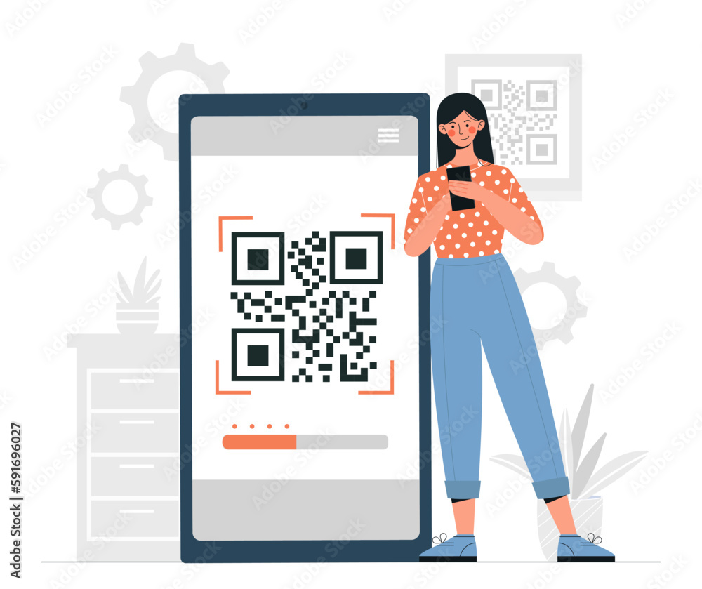 Woman With Bar Code Young Girl Scans Qr Code With Smartphone Shortened Link Electronic