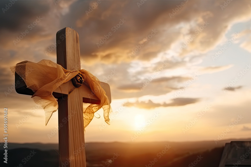 wooden cross with sash on clouds background, for good friday ...