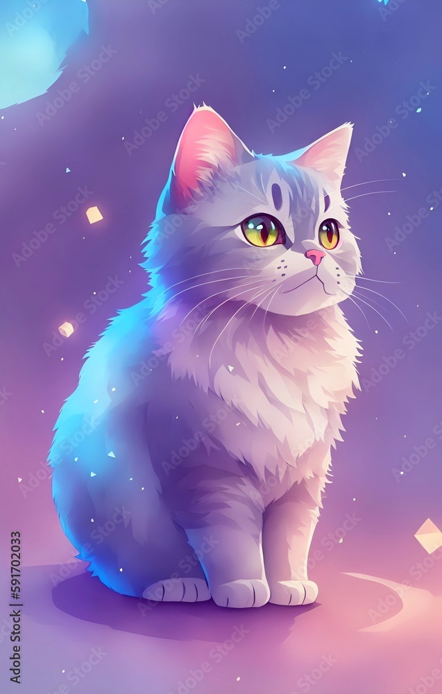 cat cute and adorable in front of a cityscape colorful background ...