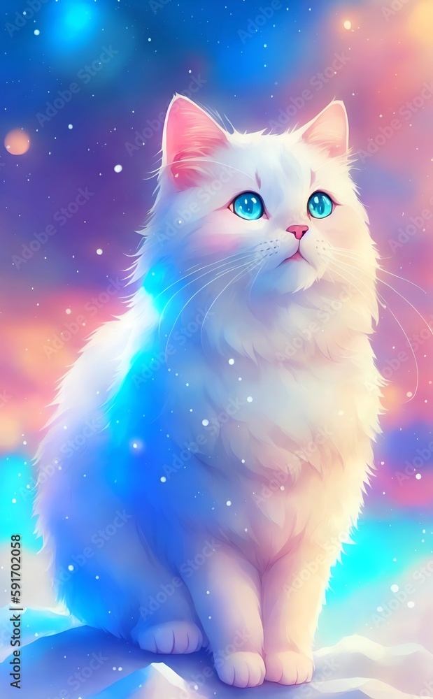 cat cute and adorable in front of a cityscape colorful background ...