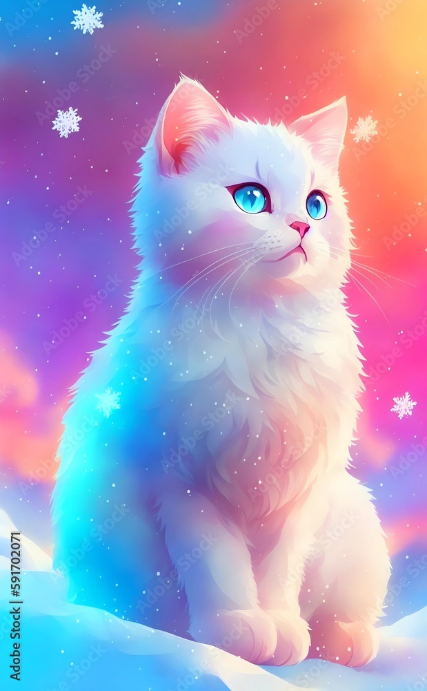 cat cute and adorable in front of a cityscape colorful background ...