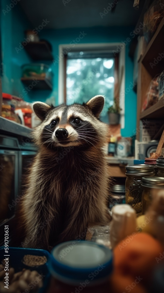 Wildlife antics: A mischievous raccoon's pantry raid in vintage kitchen ...