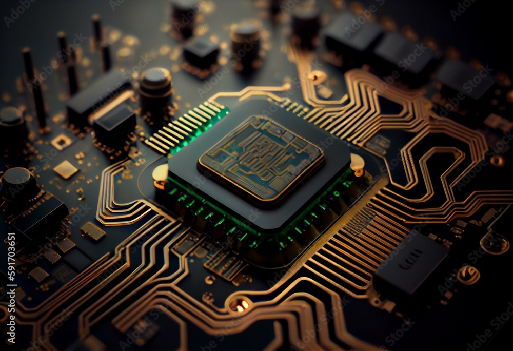 3D illustration. A chip on a printed circuit board. Computer modeling and investigation of the ...