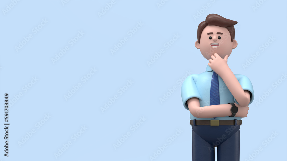 3D illustration of a thinking Asian man Felix pondering making decision ...