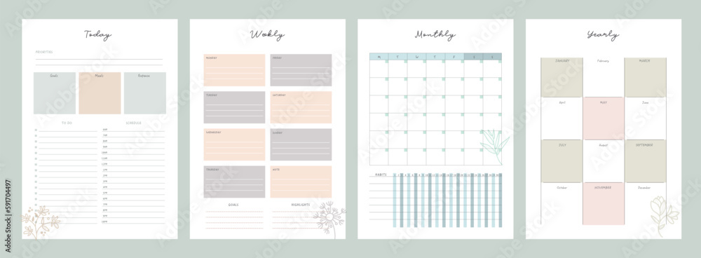 4 set of Daily weekly monthly yearly planner template set. Vector ...
