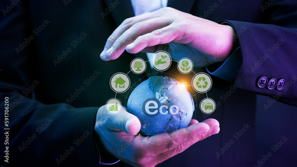 Businessman showing planet earth global with virtual ECO icon. Net zero ...
