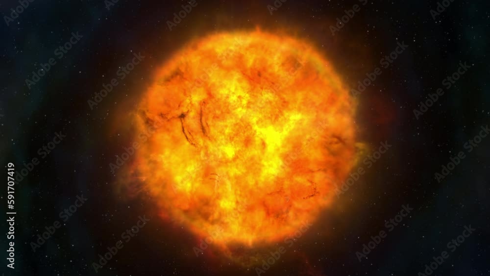 A shot of the sun or a similar star with energy and coronal mass ejections eminating into deep ...