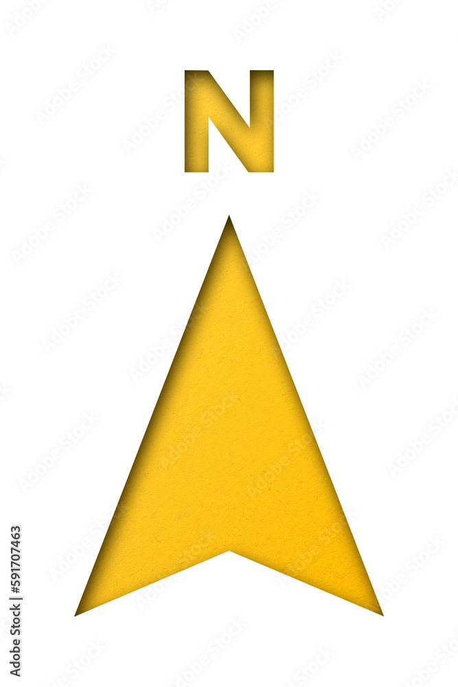 yellow paper cut north arrow shape isolated on transparent background ...