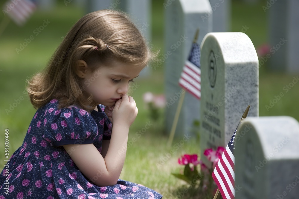 little orphan sad girl sitting alone crying in front of a tombstone ...