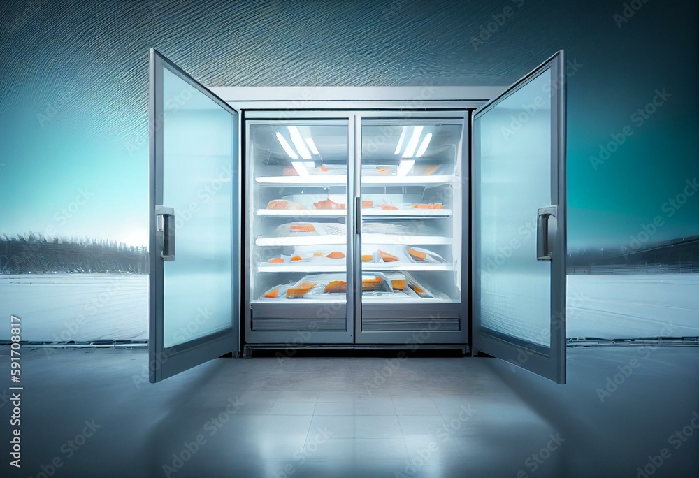 Freezer for supermarket. Entrance to supermarket from refrigerated ...